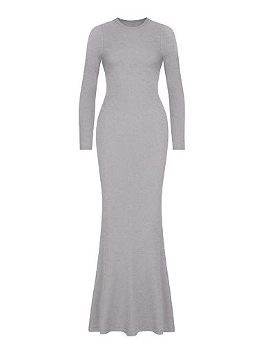 REORIA Women's Fall Sexy Casual Crew Neck Lounge Long Dress Formal Wedding Guest Long Sleeve Ribbed Bodycon Maxi Dresses Light Grey Large