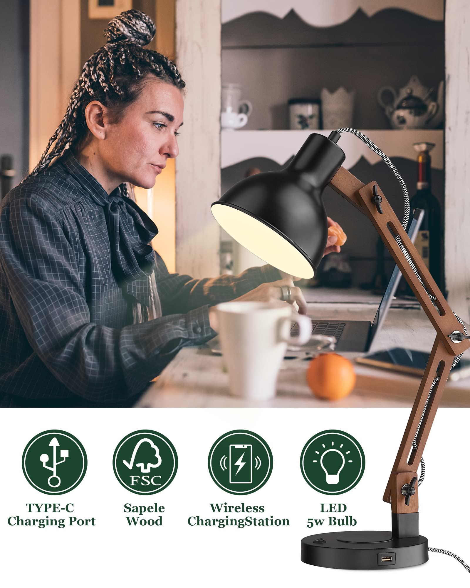 ELYONA Upgraded Industrial Dimmable Floor Lamp & Wood Desk Lamp with Wireless Charging & USB Port, Swing Arm, LED Bedside Table Lamp for Bedroom, Adjustable Reading Task Lights for College Dorm