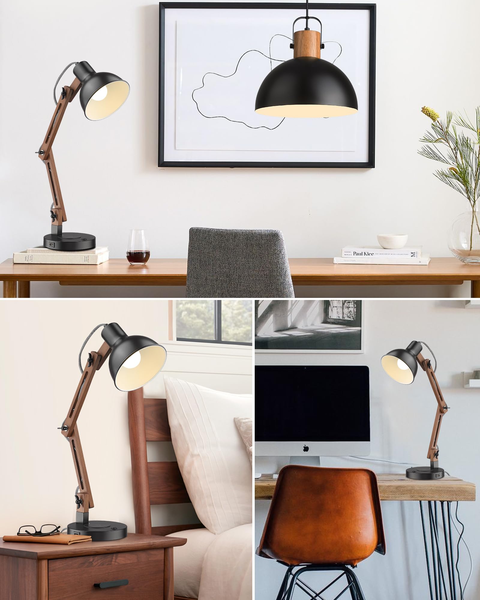 ELYONA Upgraded Industrial Dimmable Floor Lamp & Wood Desk Lamp with Wireless Charging & USB Port, Swing Arm, LED Bedside Table Lamp for Bedroom, Adjustable Reading Task Lights for College Dorm