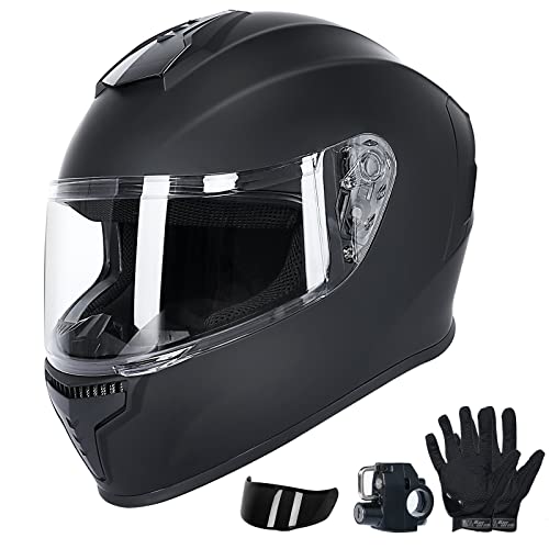 Full Face Motorcycle Street Bike Helmet with Motorcycle Gloves for Men and Women + 2 Visors DOT Model and Helmet Lock for BMX ATV MTB Riding, Road Racing, Cycling(MH-Matte Black, Medium)