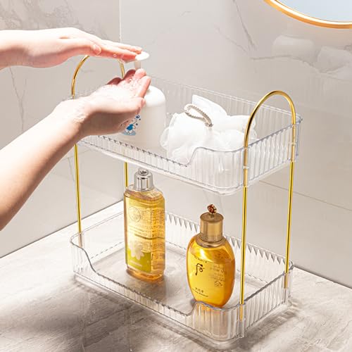 COMVTUPY Bathroom Counter Organizer Countertop Storage Cosmetics Skincare Shelf Organizer Makeup Organizer Perfume for Dresser Vanity Tray Spice Rack Organizer for Kitchen(2 Tier-Clear)