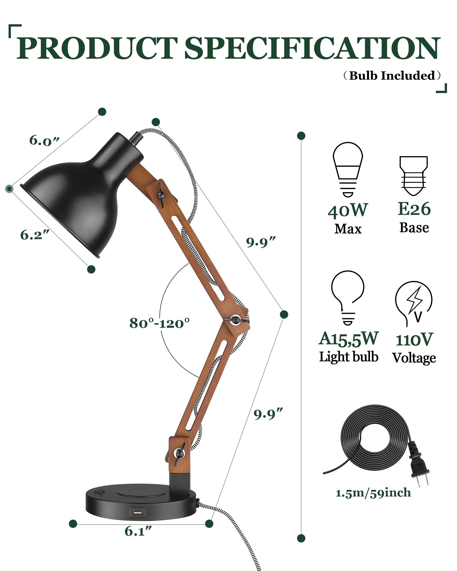 ELYONA Upgraded Industrial Dimmable Floor Lamp & Wood Desk Lamp with Wireless Charging & USB Port, Swing Arm, LED Bedside Table Lamp for Bedroom, Adjustable Reading Task Lights for College Dorm