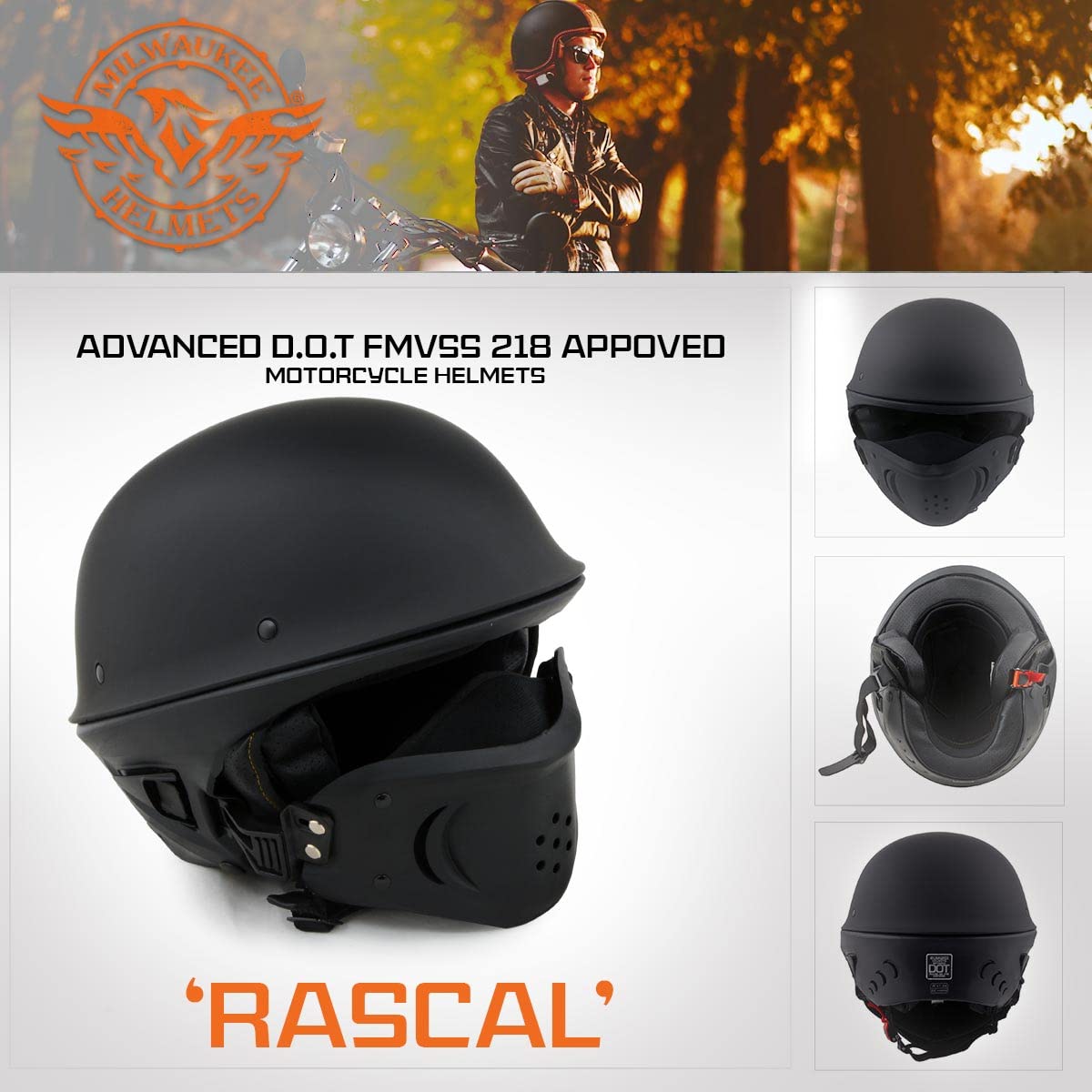 Milwaukee Helmets MPH9830DOT Rascal 3/4 Open Face Flat Black 2 in 1 Motorcycle Helmet Biker - Large