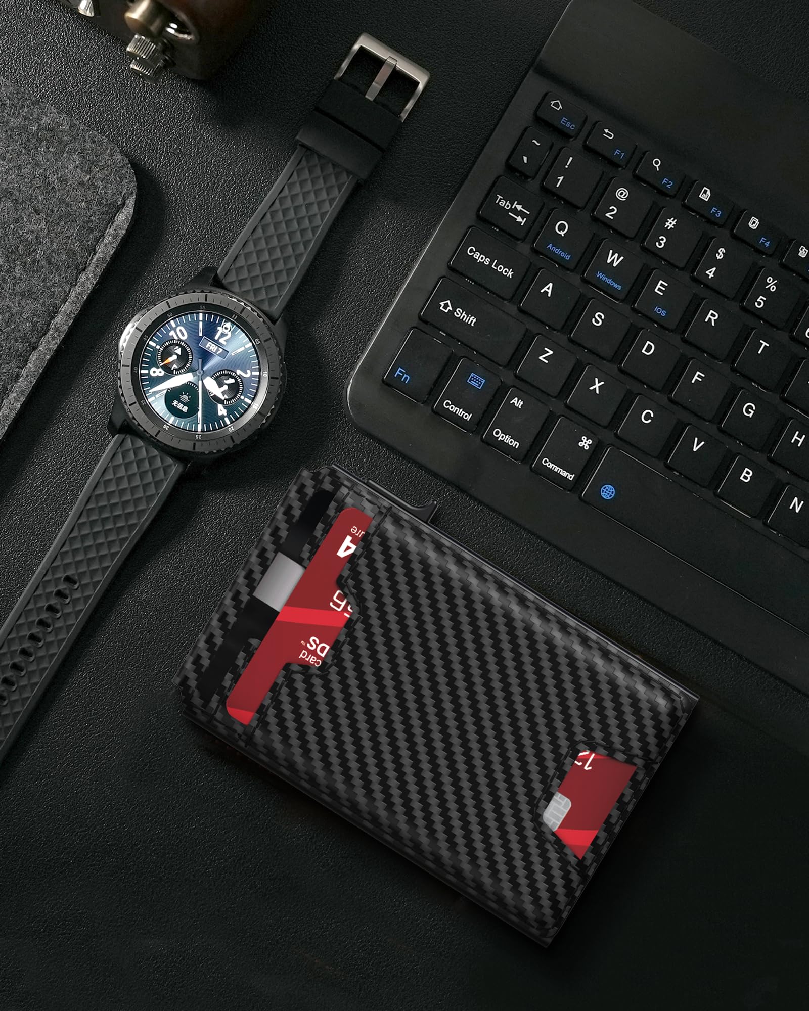 typecase Mens Wallet Card Holder: Pop Up Card Case, Genuine Leather, RFID Blocking, Smart, Slim, Minimalist, Thin - 13 Card Capacitiy, ID Window, Cash Strap (Carbon Fiber)