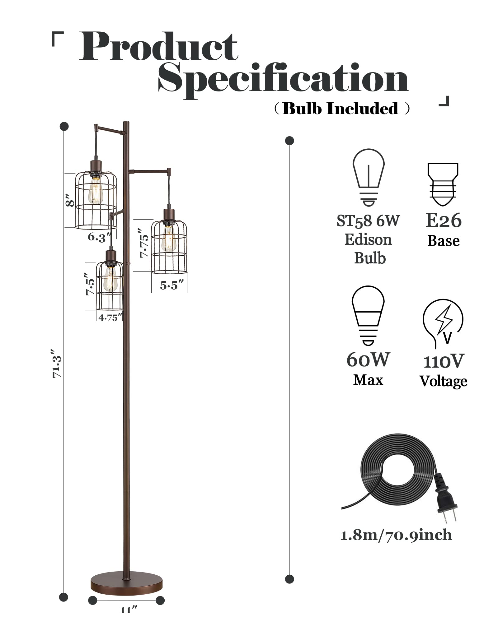 ELYONA Upgraded Industrial Dimmable Floor Lamp & Wood Desk Lamp with Wireless Charging & USB Port, Swing Arm, LED Bedside Table Lamp for Bedroom, Adjustable Reading Task Lights for College Dorm