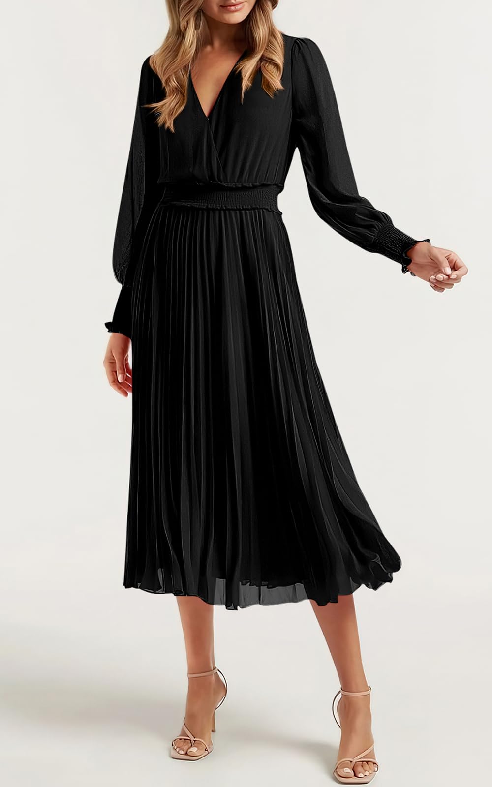 PRETTYGARDEN Wrap V Neck Spring Dresses for Women 2024 Long Sleeve Smocked Wedding Guest Dresses Flowy Pleated Midi Dress (Black,X-Large)