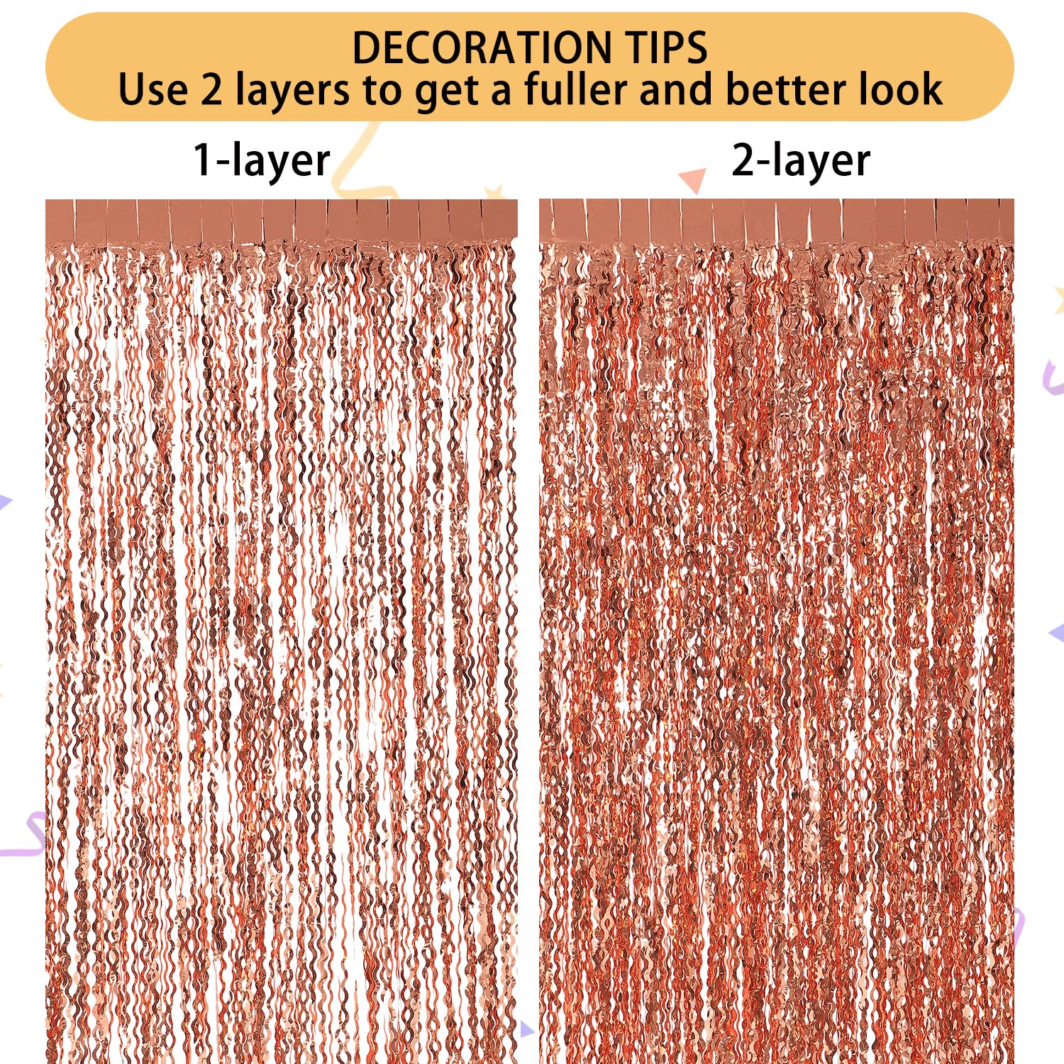 CYLMFC Wavy Fringe Curtain - Rose Gold, 3.3 ft x 6.6 Feet, Pack of 3 | Party Decorations, Streamers for Birthday Backdrop