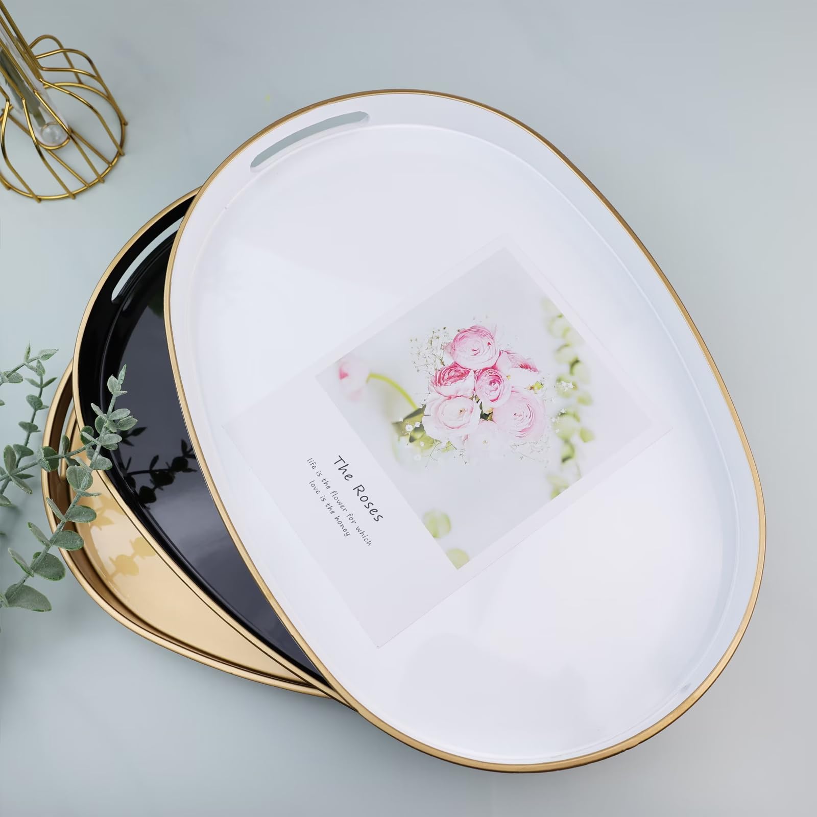 Omuriko Pink Oval Decorative Tray with Handles, Versatile Serving Tray for Coffee Table, Ottoman, Ideal for Serving, Displaying, Organizing