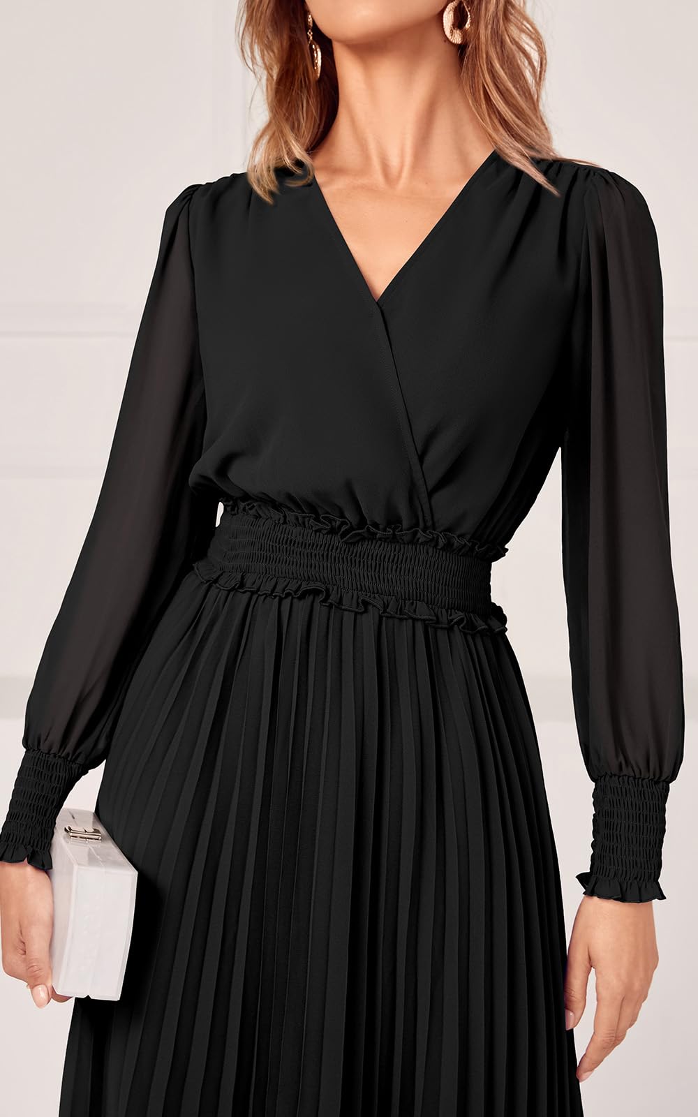 PRETTYGARDEN Wrap V Neck Spring Dresses for Women 2024 Long Sleeve Smocked Wedding Guest Dresses Flowy Pleated Midi Dress (Black,X-Large)