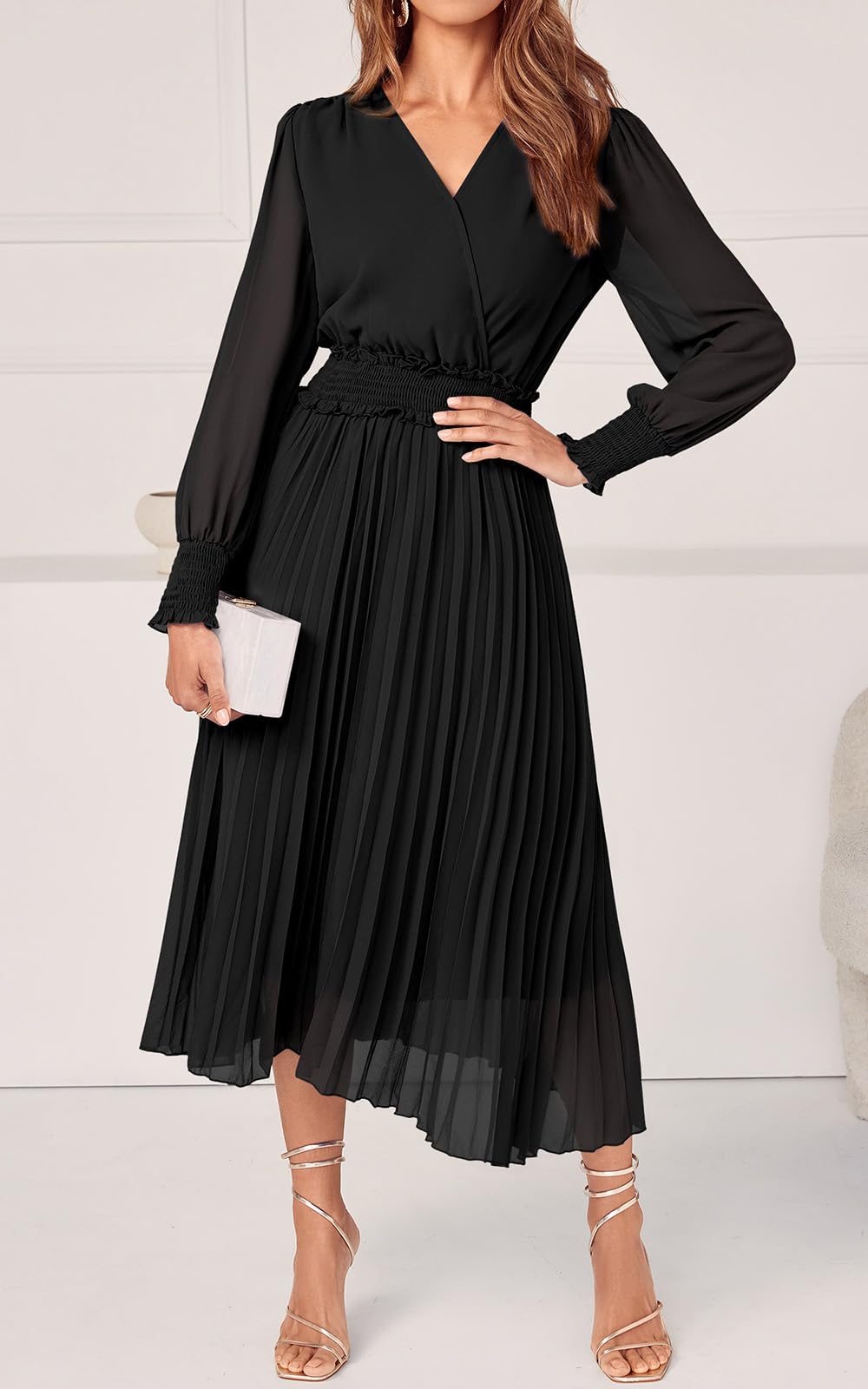 PRETTYGARDEN Wrap V Neck Spring Dresses for Women 2024 Long Sleeve Smocked Wedding Guest Dresses Flowy Pleated Midi Dress (Black,X-Large)