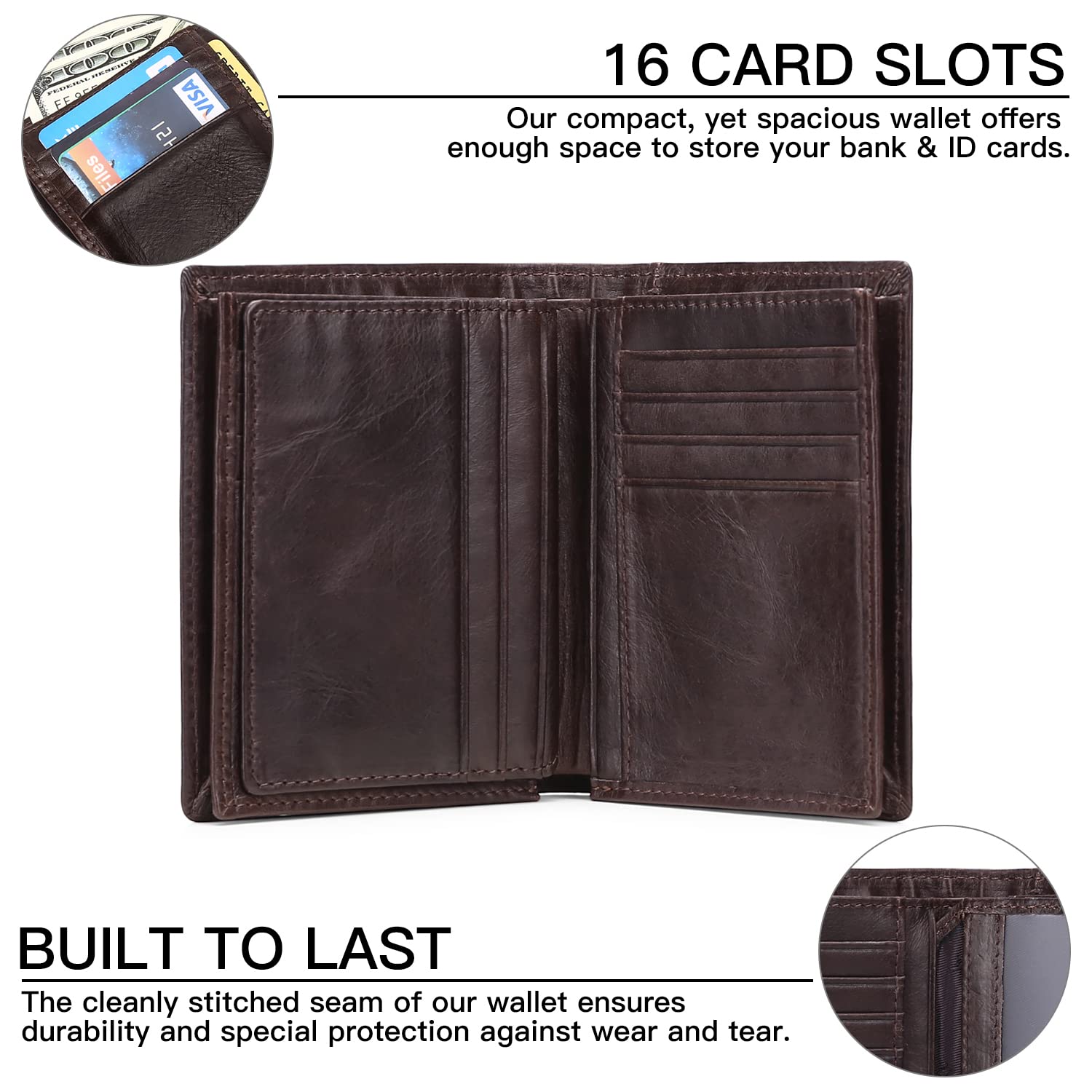 GOIACII Wallets for Men Large Capacity Genuine Leather RFID Mens Bifold Wallet with 16 Card Slots