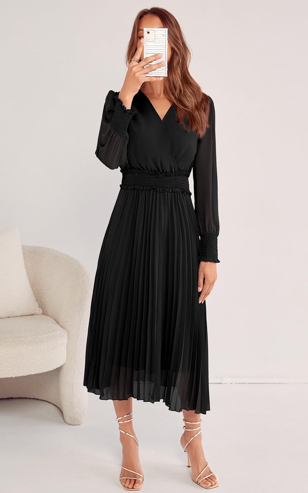 PRETTYGARDEN Wrap V Neck Spring Dresses for Women 2024 Long Sleeve Smocked Wedding Guest Dresses Flowy Pleated Midi Dress (Black,X-Large)