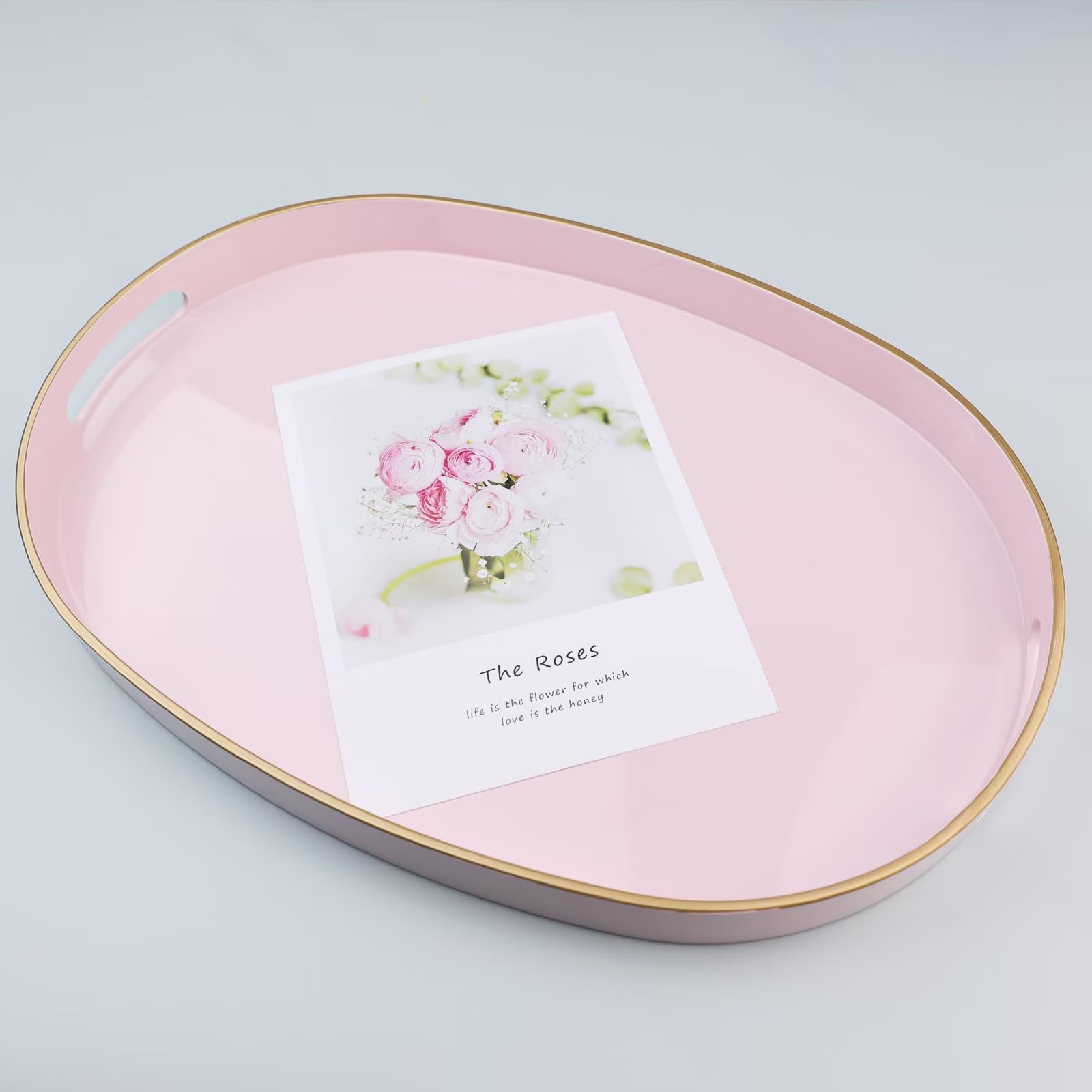 Omuriko Pink Oval Decorative Tray with Handles, Versatile Serving Tray for Coffee Table, Ottoman, Ideal for Serving, Displaying, Organizing
