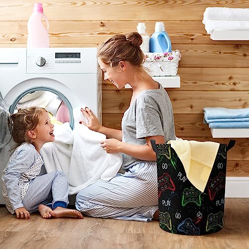 LynaRei Laundry Hamper Neon Game Joystick Dirty Clothes Storage Basket Video Game Player Collapsible Waterproof Toy Organizer for Boys And Girls Bedrooms, Bathroom