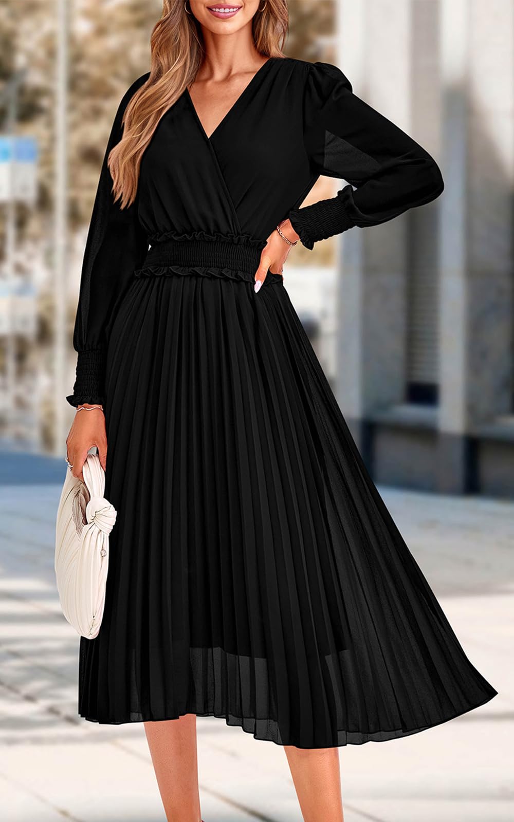 PRETTYGARDEN Wrap V Neck Spring Dresses for Women 2024 Long Sleeve Smocked Wedding Guest Dresses Flowy Pleated Midi Dress (Black,X-Large)
