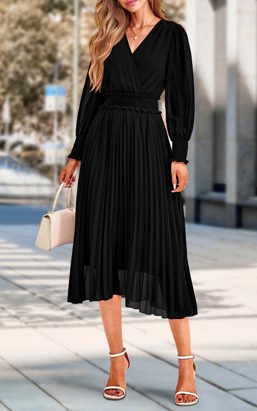 PRETTYGARDEN Wrap V Neck Spring Dresses for Women 2024 Long Sleeve Smocked Wedding Guest Dresses Flowy Pleated Midi Dress (Black,X-Large)