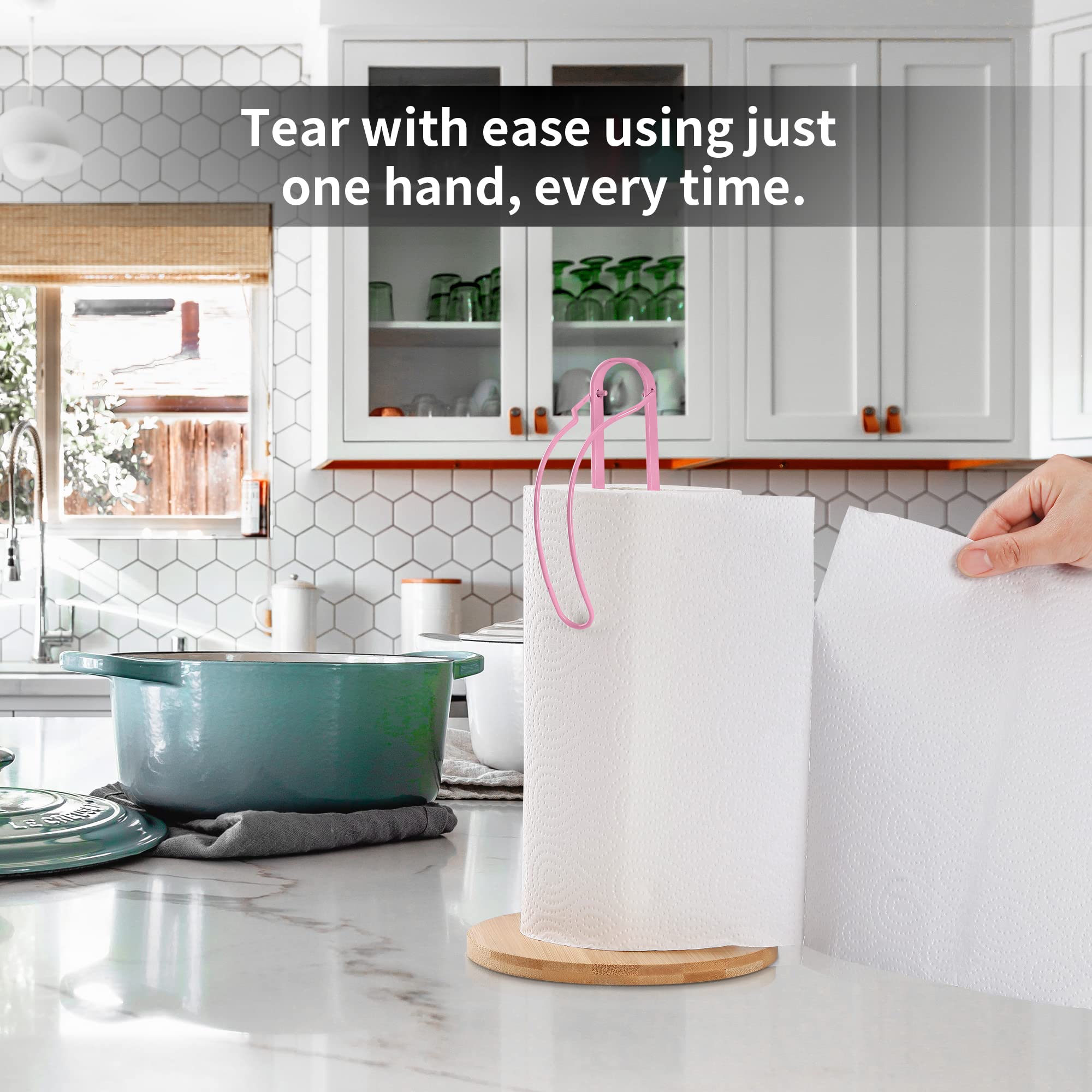 TONLEA Wood Paper Towel Holder with Fixer, Paper Towel Holder Countertop, Kitchen Towel Holder Free-Standing with Fixed or Non-Slip Wooden Base-Pink