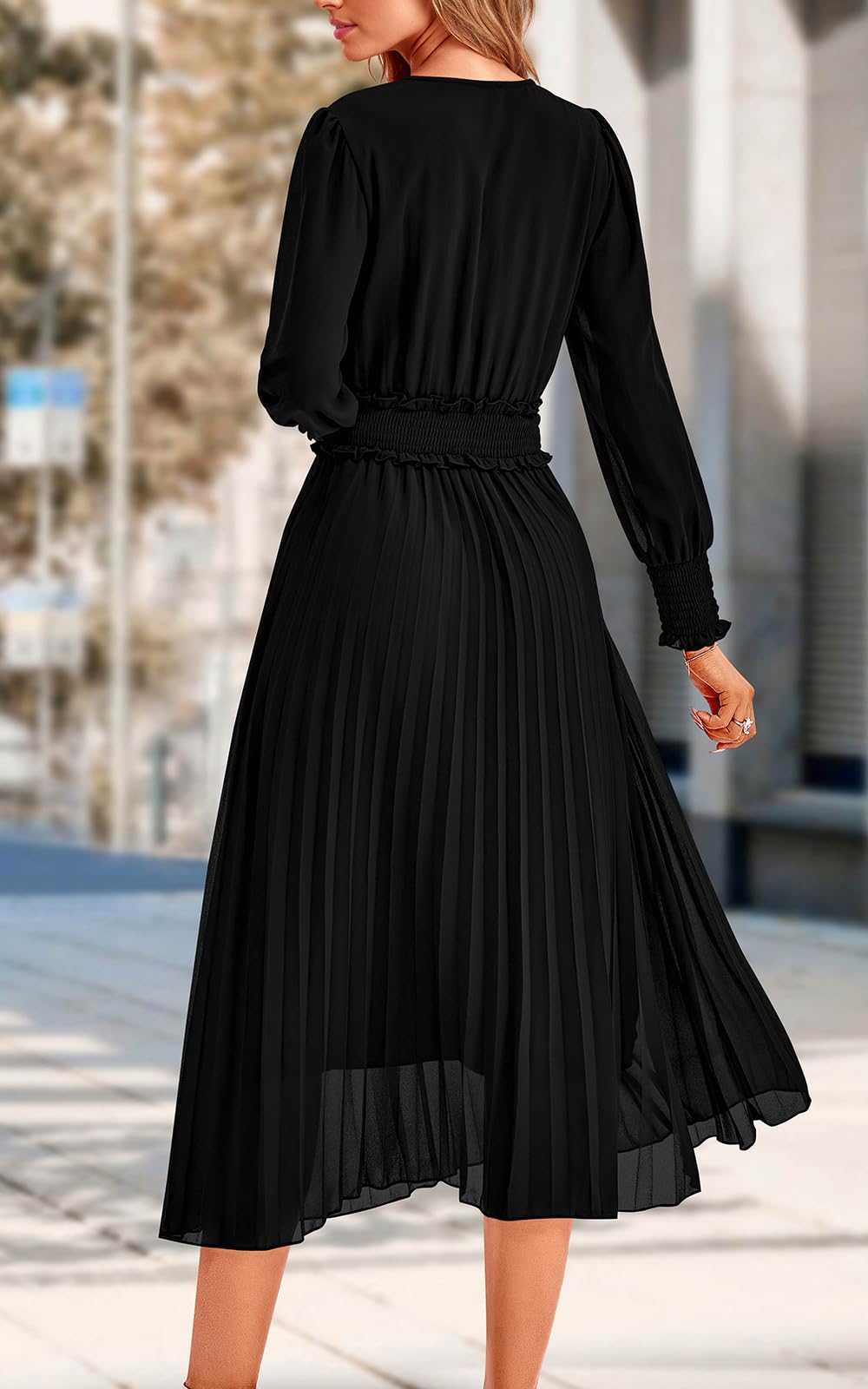 PRETTYGARDEN Wrap V Neck Spring Dresses for Women 2024 Long Sleeve Smocked Wedding Guest Dresses Flowy Pleated Midi Dress (Black,X-Large)