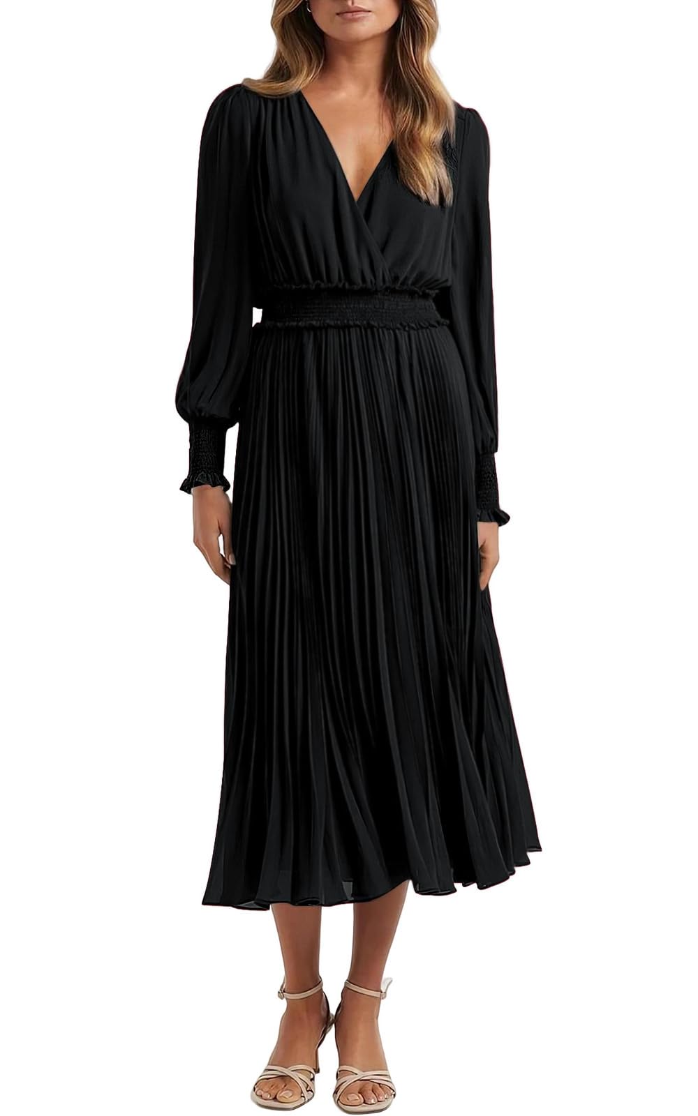 PRETTYGARDEN Wrap V Neck Spring Dresses for Women 2024 Long Sleeve Smocked Wedding Guest Dresses Flowy Pleated Midi Dress (Black,X-Large)