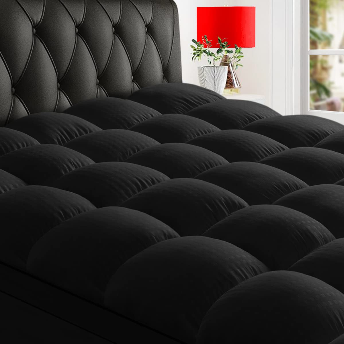 HYLEORY Full XL Size Mattress Topper for Back Pain, Extra Thick Cooling Mattress Pad Cover, Down Alternative Overfilled Plush Pillow Top with 8-21 Inch Deep Pocket, Black