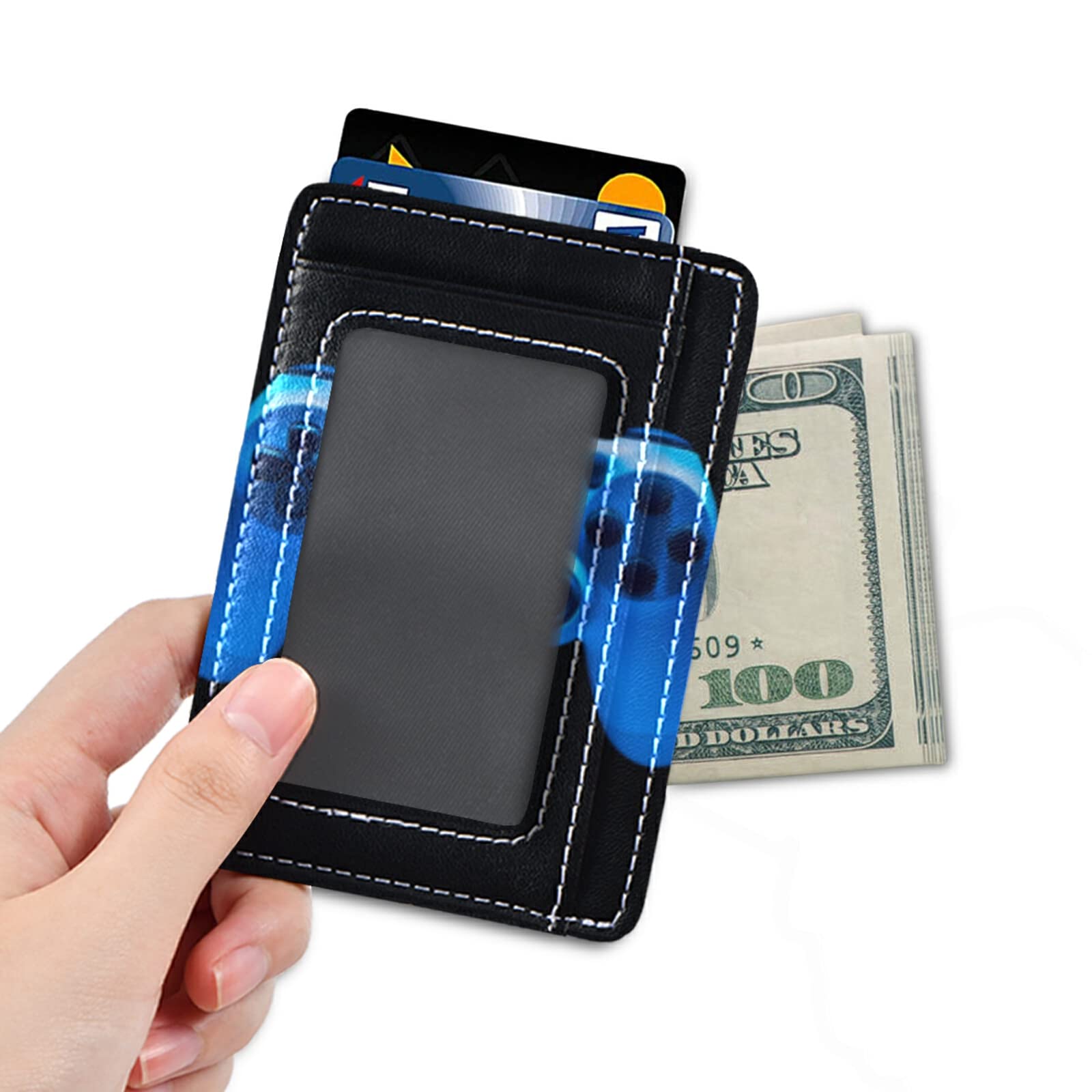 Video Game Joystick Gamepad in Blue Neon Lights Isolated on Black Slim Minimalist Wallet, Front Pocket RFID Leather Blocking Card Holder Case for Men Women Girls Ladies, Stylish Printing Gift