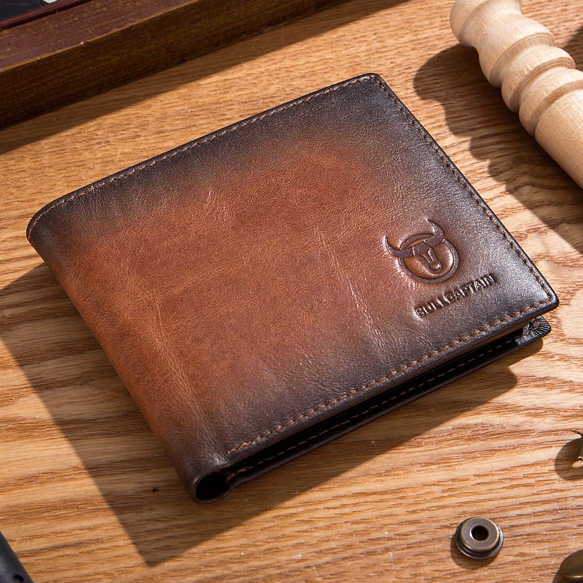 BULLCAPTAIN Wallets for Men with Double Zip Coin Purse Bifold Vintage Genuine Leather Slim Front Pocket Wallet Money Clip QB-5#3(Brown)