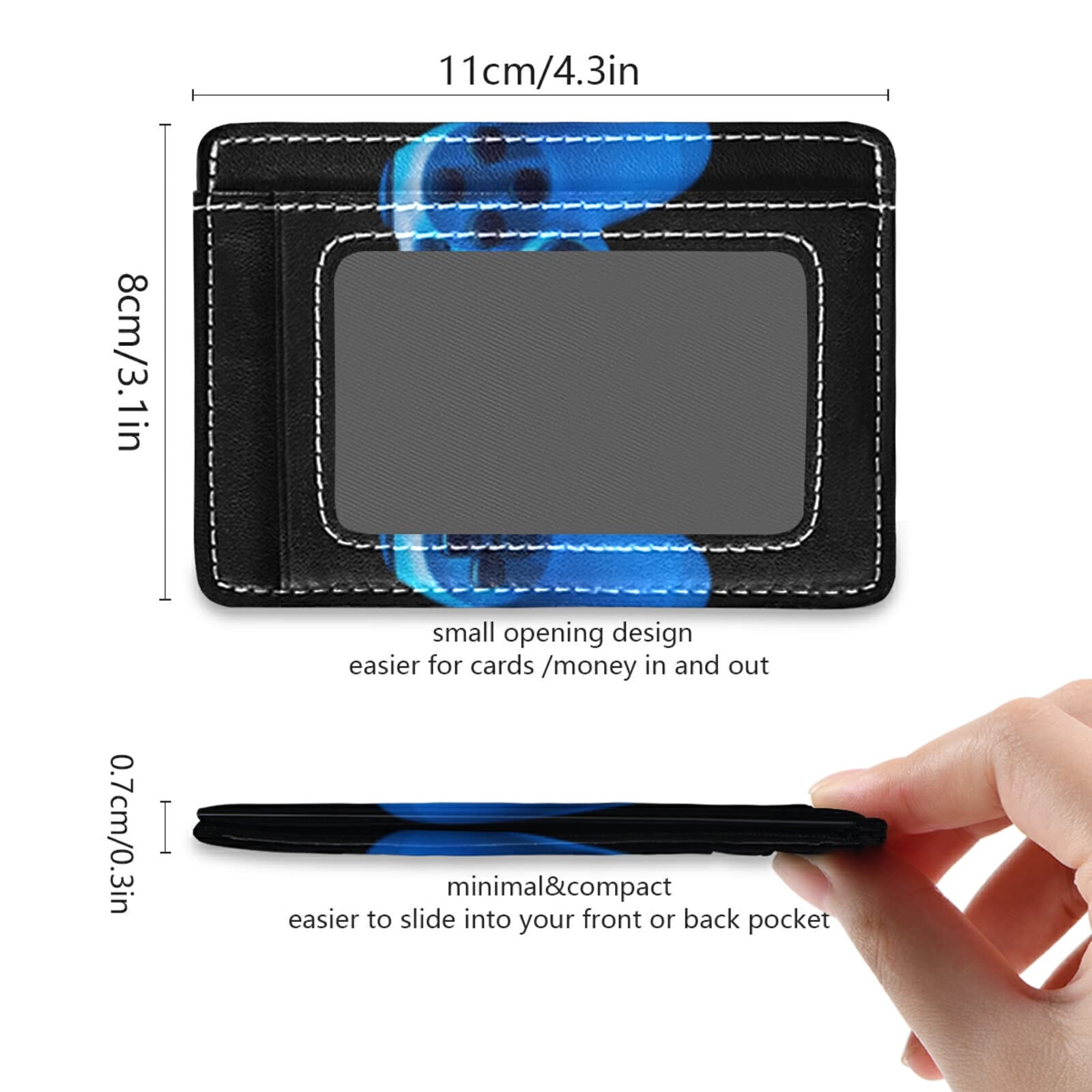 Video Game Joystick Gamepad in Blue Neon Lights Isolated on Black Slim Minimalist Wallet, Front Pocket RFID Leather Blocking Card Holder Case for Men Women Girls Ladies, Stylish Printing Gift