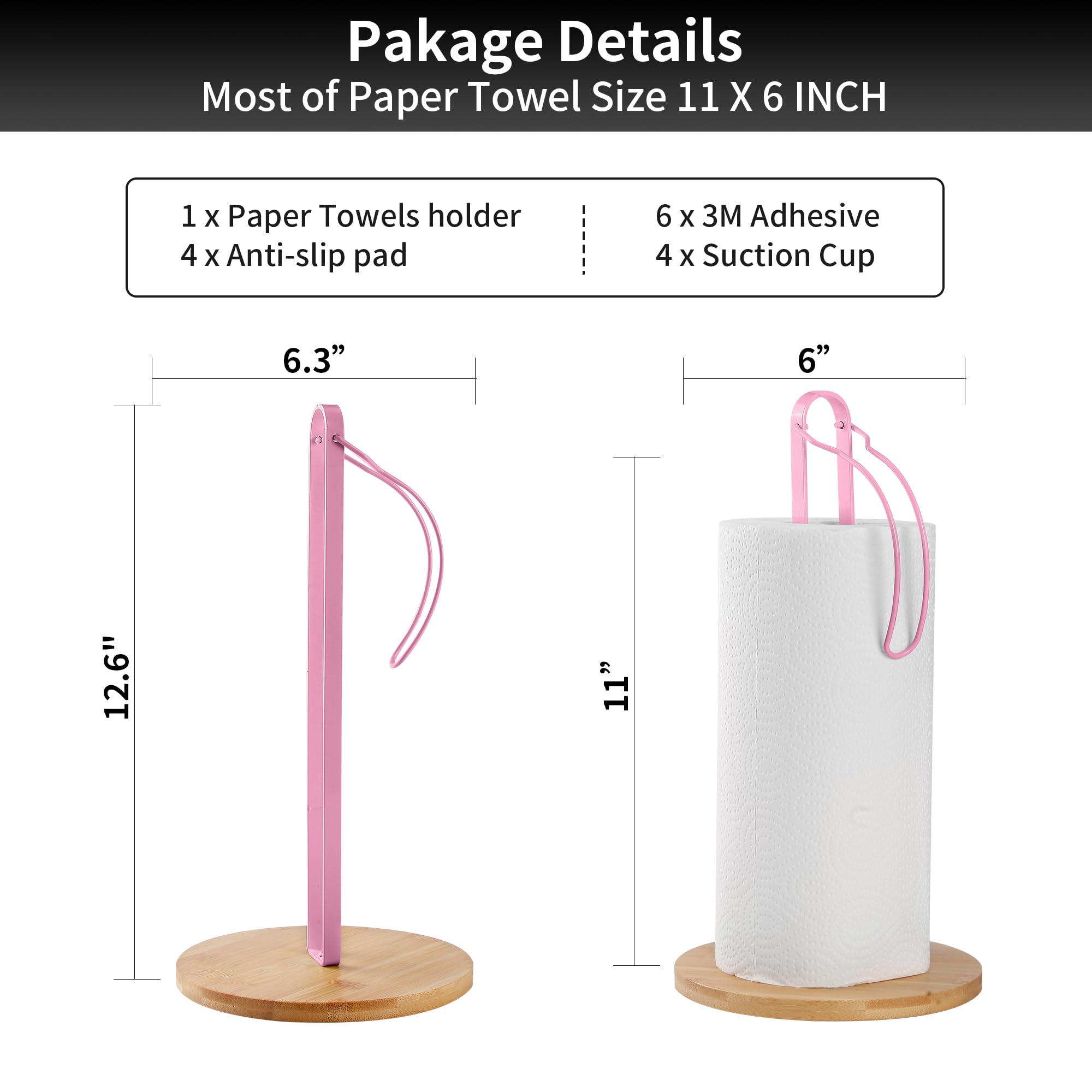 TONLEA Wood Paper Towel Holder with Fixer, Paper Towel Holder Countertop, Kitchen Towel Holder Free-Standing with Fixed or Non-Slip Wooden Base-Pink