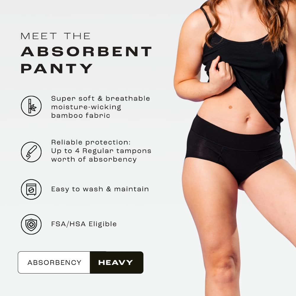 Bambody Absorbent Panties, Post-Partum, Period Underwear for Women and Teens - Leakproof, Soft, Comfortable, Breathable - Large, 3 Pack, Black