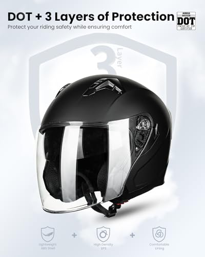 AUBOA Open Face Motorcycle 3/4 Helmets with Dual Visor for Men Women DOT Moped Scooter Cruiser Helmet Model AU-MO328 (Matte Black, L)