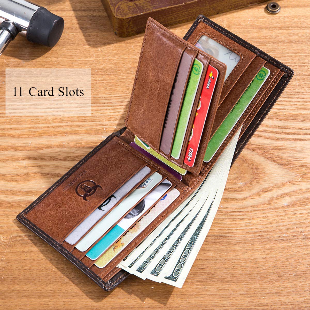 BULLCAPTAIN Wallets for Men with Double Zip Coin Purse Bifold Vintage Genuine Leather Slim Front Pocket Wallet Money Clip QB-5#3(Brown)
