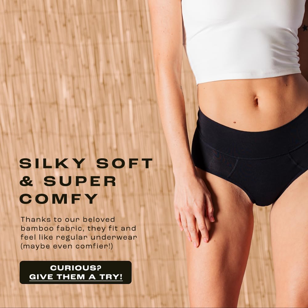 Bambody Absorbent Panties, Post-Partum, Period Underwear for Women and Teens - Leakproof, Soft, Comfortable, Breathable - Large, 3 Pack, Black