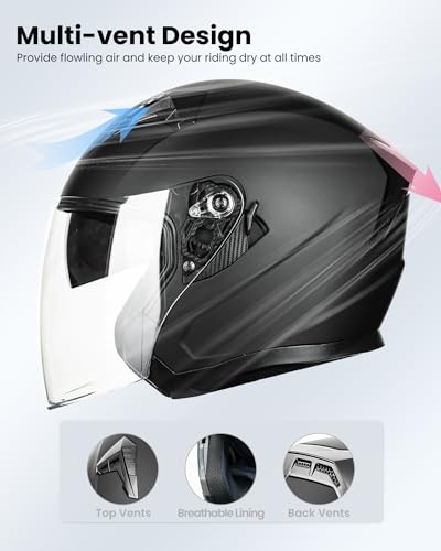 AUBOA Open Face Motorcycle 3/4 Helmets with Dual Visor for Men Women DOT Moped Scooter Cruiser Helmet Model AU-MO328 (Matte Black, L)