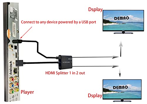 HDMI Splitter 1 in 2 Out, 4K HDMI Splitter for Dual Monitors Duplicate,Support1080P/4k30/60 /3D,PC,PS4,X-Box, Blu-Ray, DVD Player,HDTV,Etc