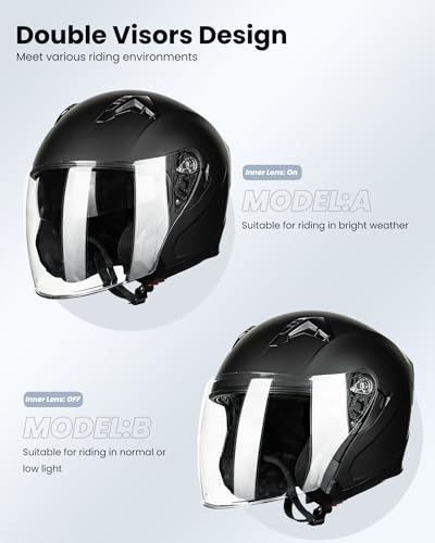 AUBOA Open Face Motorcycle 3/4 Helmets with Dual Visor for Men Women DOT Moped Scooter Cruiser Helmet Model AU-MO328 (Matte Black, L)