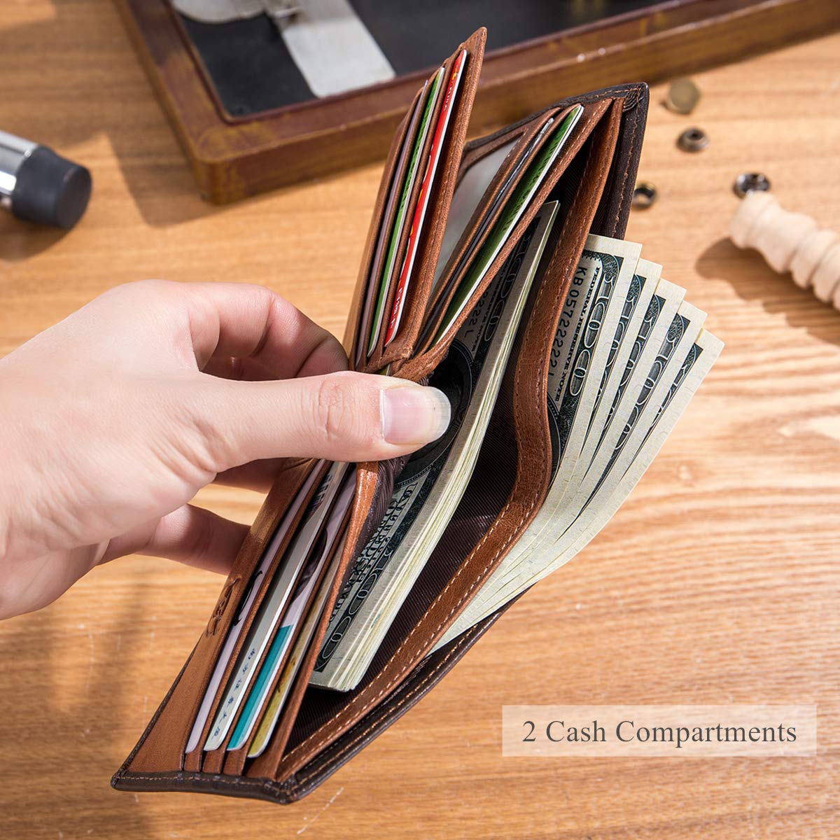 BULLCAPTAIN Wallets for Men with Double Zip Coin Purse Bifold Vintage Genuine Leather Slim Front Pocket Wallet Money Clip QB-5#3(Brown)