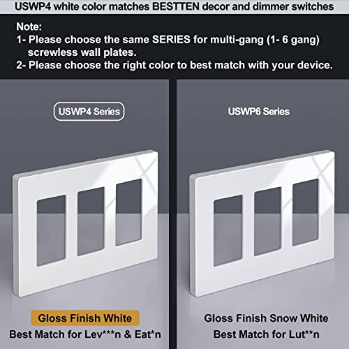 [2 Pack] BESTTEN 3-Gang Screwless Wall Plate, USWP4 White Series, Decorator Outlet Cover, H4.69” x W6.54”, for Light Switch, Dimmer, USB, GFCI, Receptacle
