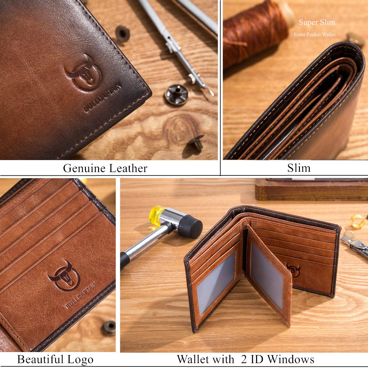 BULLCAPTAIN Wallets for Men with Double Zip Coin Purse Bifold Vintage Genuine Leather Slim Front Pocket Wallet Money Clip QB-5#3(Brown)