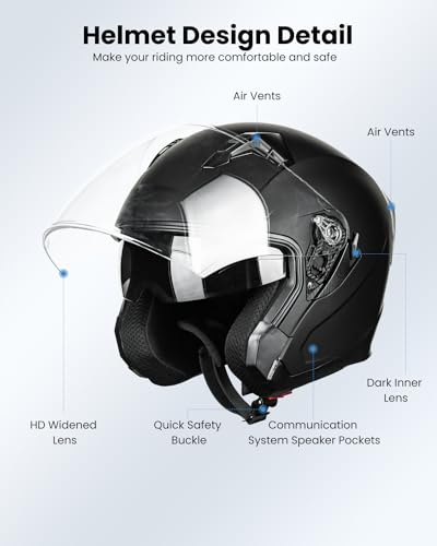AUBOA Open Face Motorcycle 3/4 Helmets with Dual Visor for Men Women DOT Moped Scooter Cruiser Helmet Model AU-MO328 (Matte Black, L)