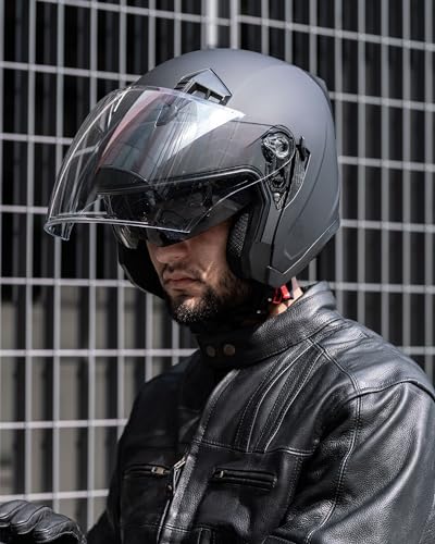 AUBOA Open Face Motorcycle 3/4 Helmets with Dual Visor for Men Women DOT Moped Scooter Cruiser Helmet Model AU-MO328 (Matte Black, L)