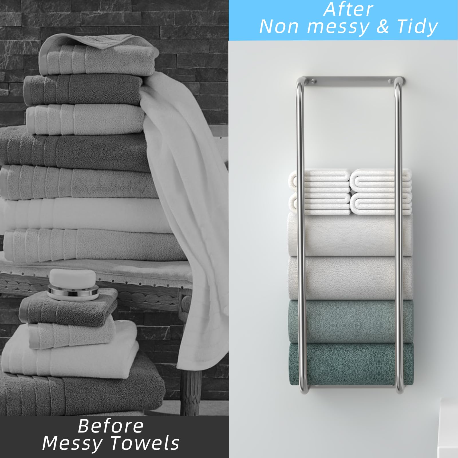 Rxvotocr Stainless Steel Wall-Mounted Bathroom Towel Rack and Organizer for Rolled Towels, Ideal for Modern Small Bathrooms with Limited Space, Sleek and Chic Sliver Design.