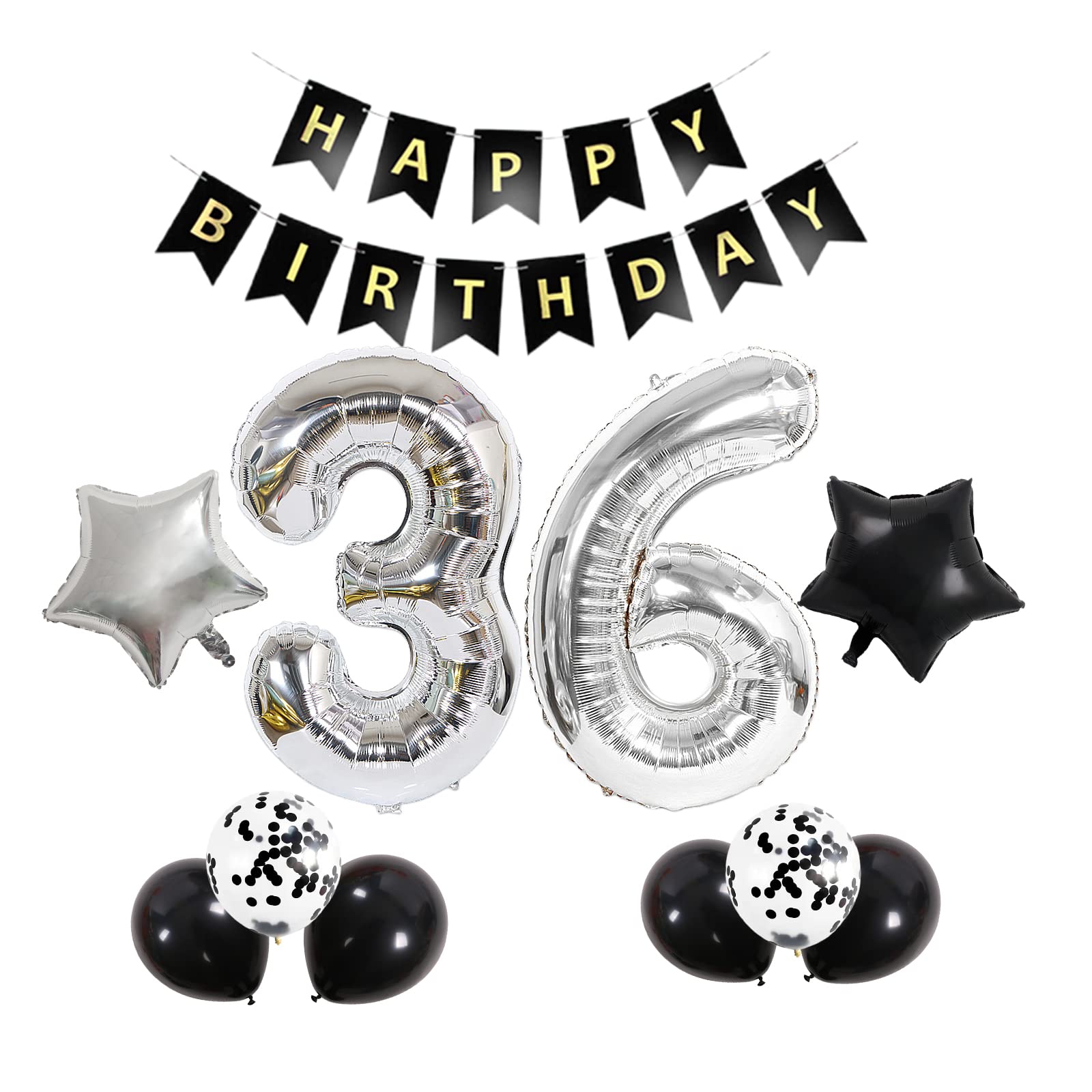 QWEQWE 36th Birthday Decoration Balloons, Birthday Decoration 36 Year Men Boy Silver Black, 36th Birthday Decoration Balloon 36th Birthday Party Decoration, 36th Birthday Happy Birthday Banner