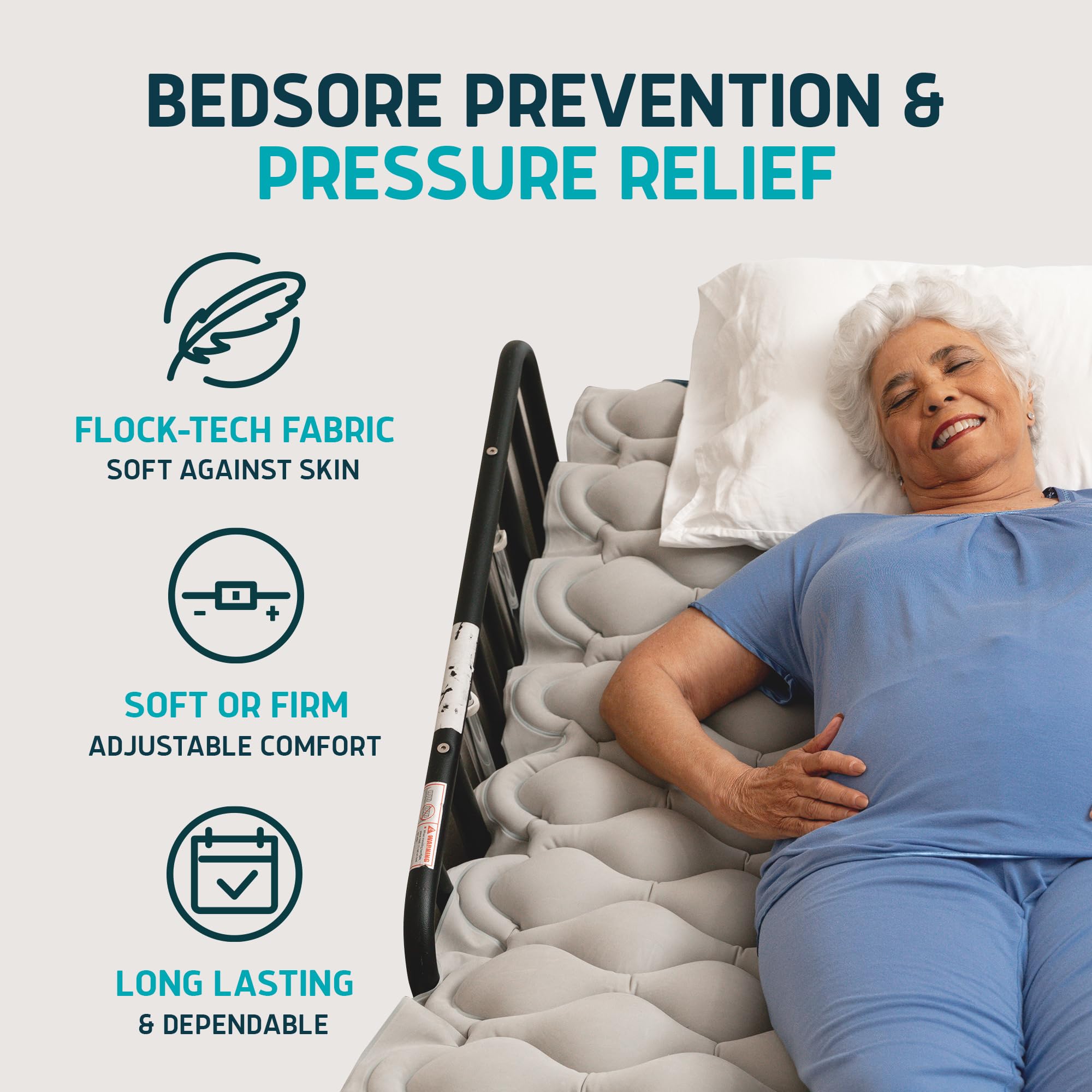 Lunderg Alternating Air Pressure Mattress Pad with Static Mode & Flocking - Comfortable Bed Sore Prevention - Includes Mattress Topper for Hospital Bed or Home & Quiet Pump - Recommended by Doctors