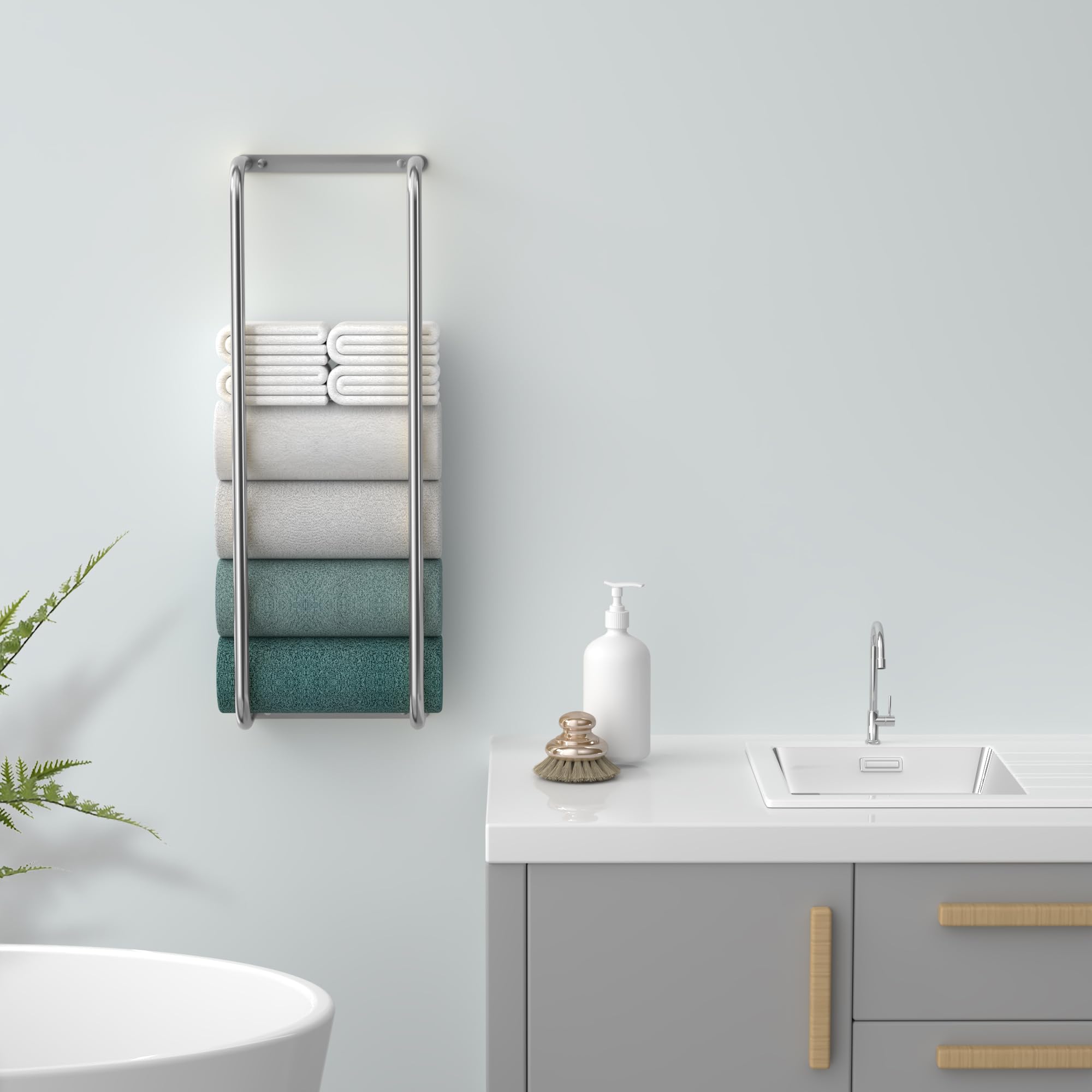 Rxvotocr Stainless Steel Wall-Mounted Bathroom Towel Rack and Organizer for Rolled Towels, Ideal for Modern Small Bathrooms with Limited Space, Sleek and Chic Sliver Design.