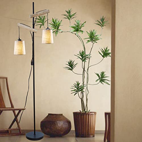 Eusamxon Hanging 2 Lights Floor Lamp Rustic Farmhouse Tall Standing Lamps with Double Fabric Lampshade Floor Lamps for Living Room Bedroom Office Home Lighting Decor.