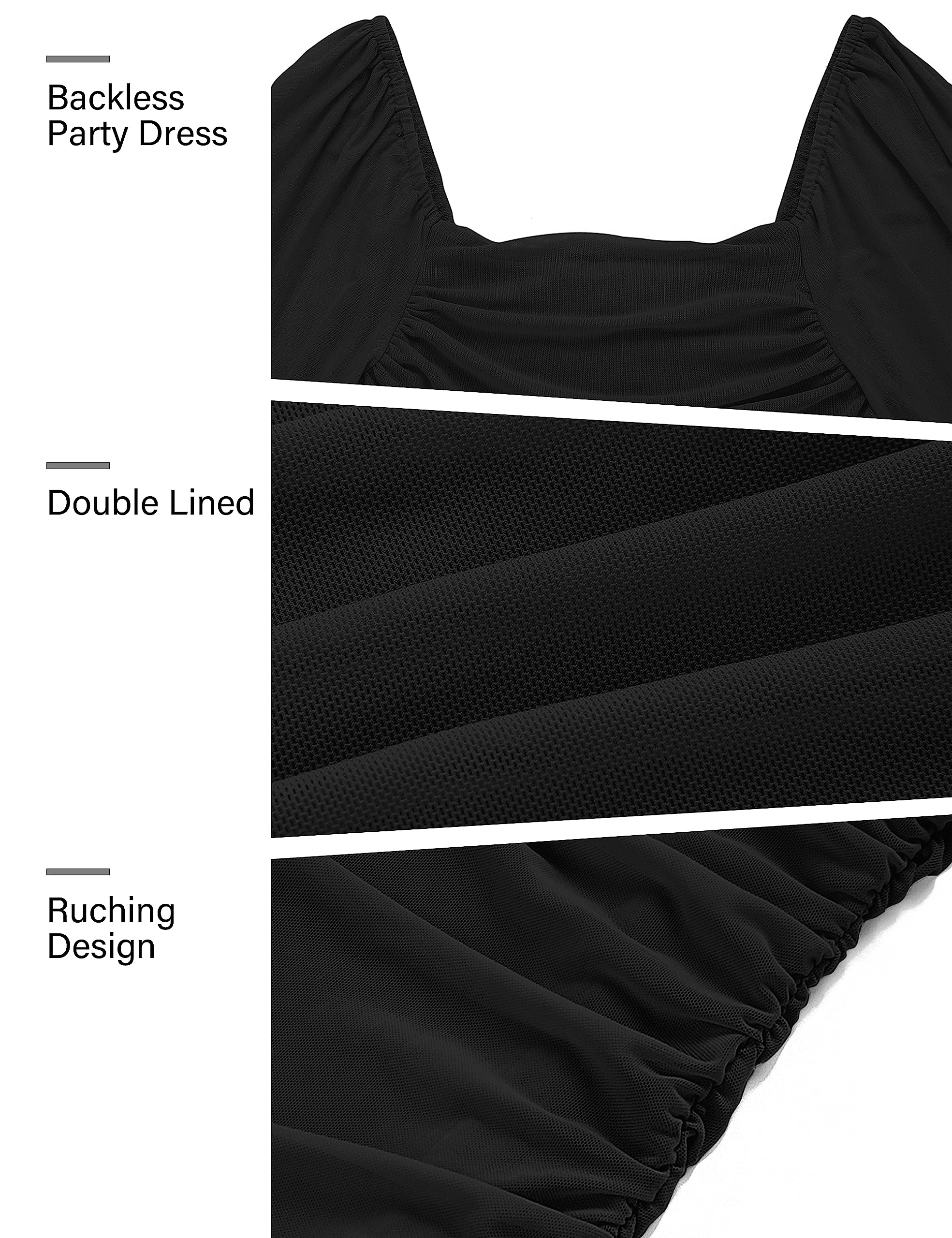 MEROKEETY Women's Long Puff Sleeve Ruched Bodycon Dress Square Neck Mesh Cocktail Party Midi Dresses,Black,M