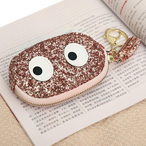 FimKaul Women Mini Grind Leather Card Holder Wallet, Fashion Sequins Zipper Purse (Pink)