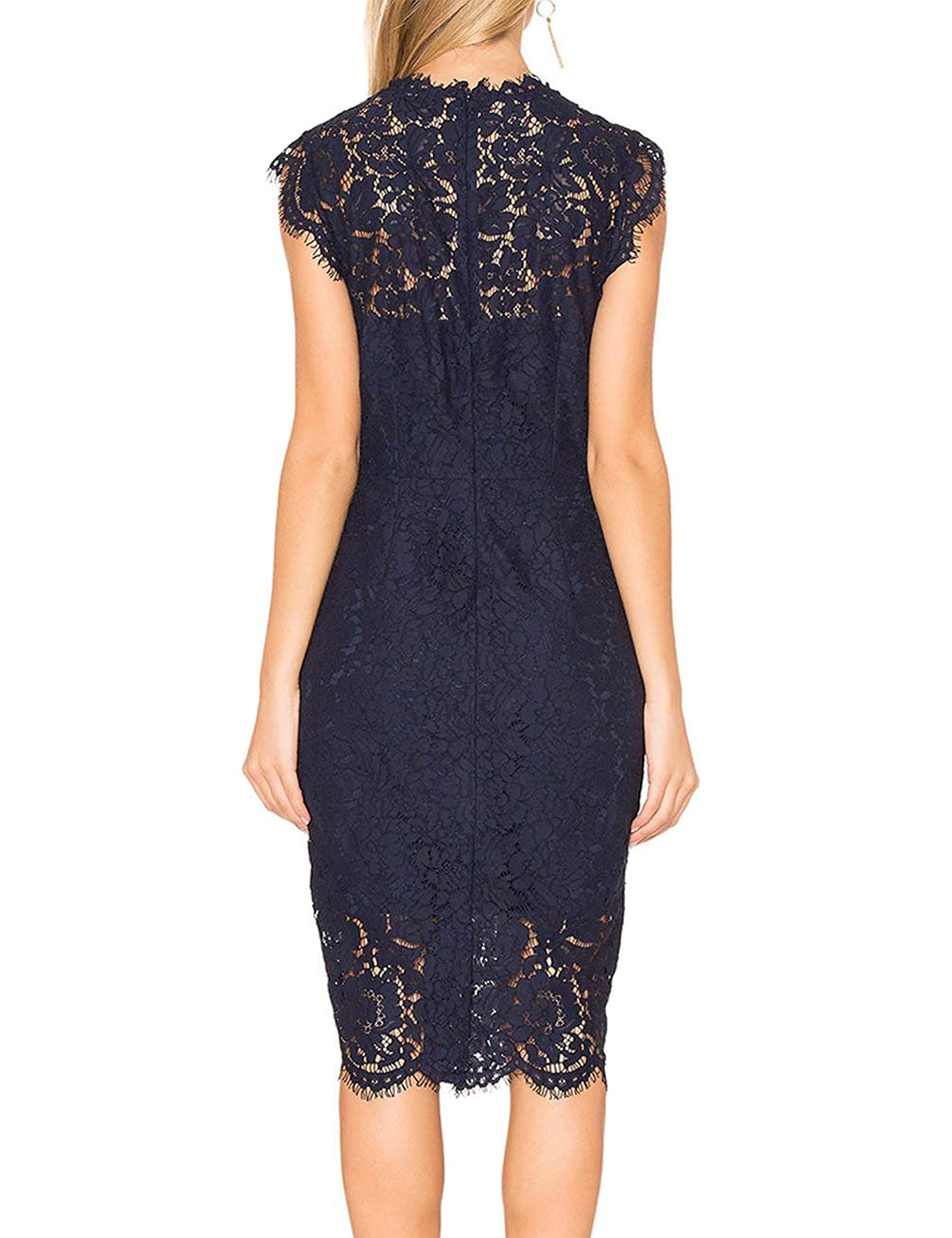 MEROKEETY Women's 2025 Lace Floral Midi Dresses Classic Elegant Party Dinner Photoshoot Dress, Navy, Large