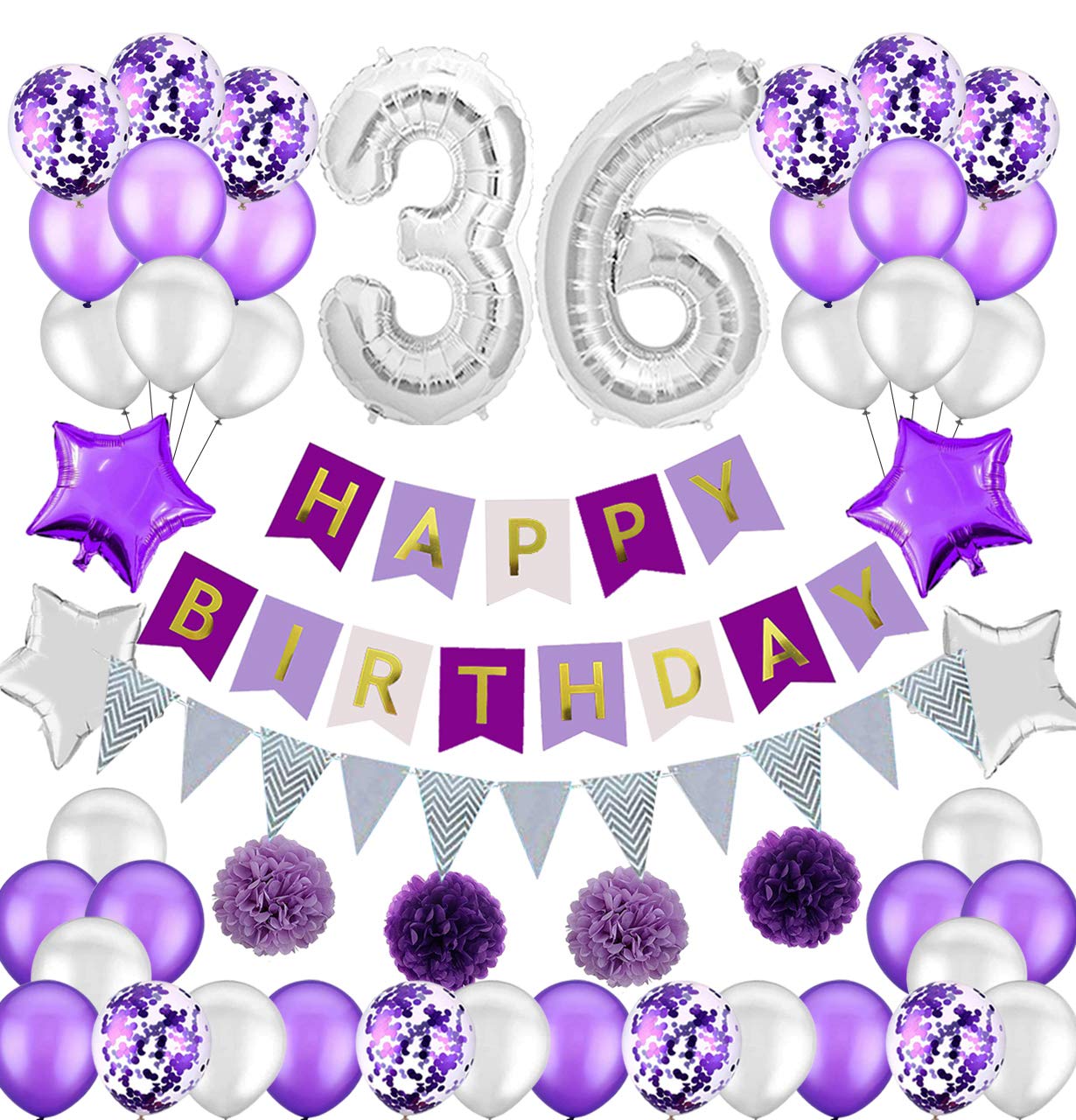 Colorpartyland Purple and Silver Birthday Decorations Set-Purple Happy Birthday Banner Latex and Confetti Balloons Paper Garland Huge Number 36 Balloons for Women 36th Birthday