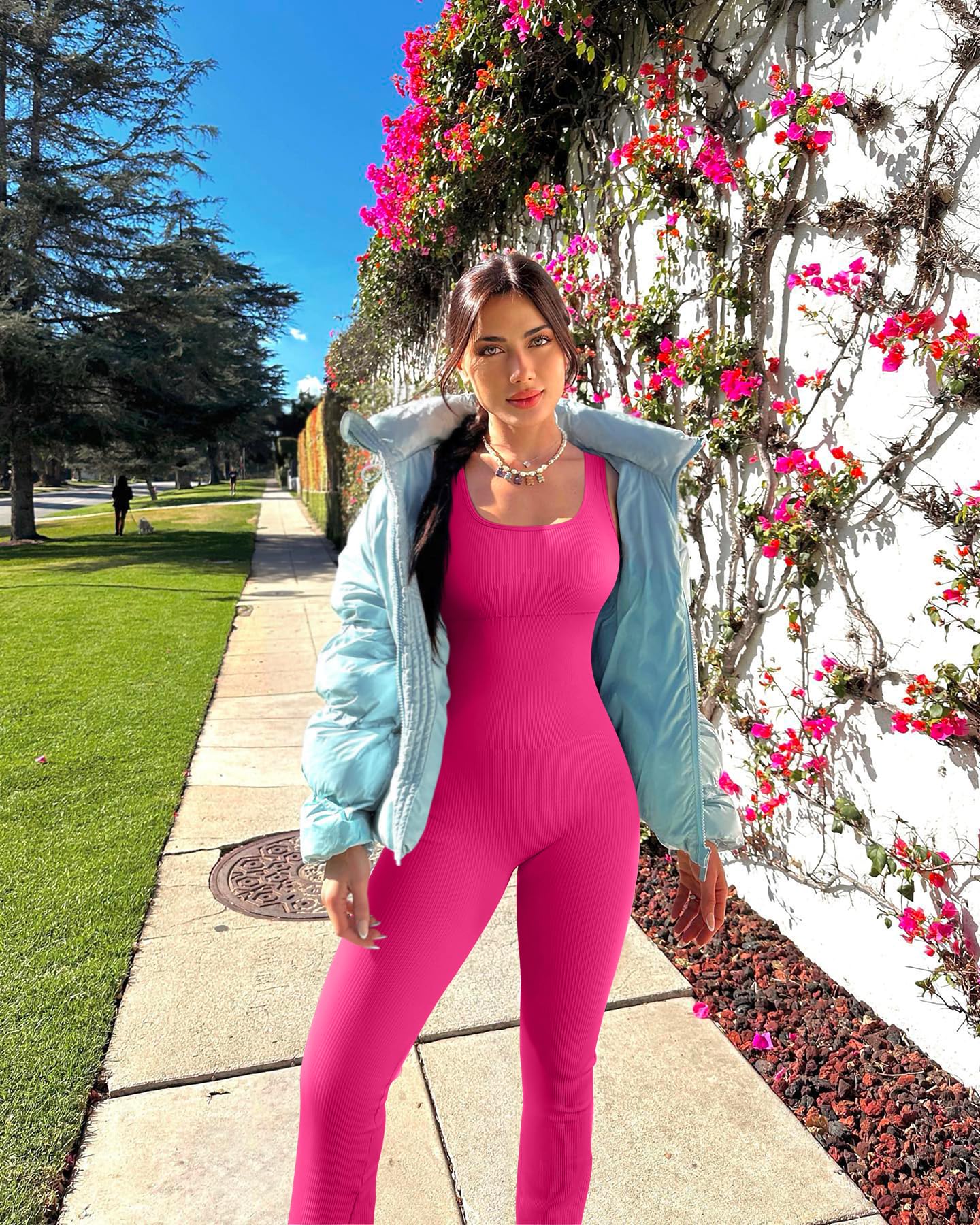 OQQ Women‘s Yoga Jumpsuits Ribbed Workout Sleeveless Tank Tops Bell Bottoms Flare Jumpsuits Rose3